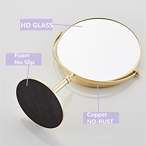 HIHIA Brushed Gold Makeup Mirror Tabletop, Double-Side 1X-10X, Freestanding 360 Swivel Cosmetic Vanity Mirror for Table Desk, Made of Copper, No Light Brushed Gold (8 Inch, 10X)