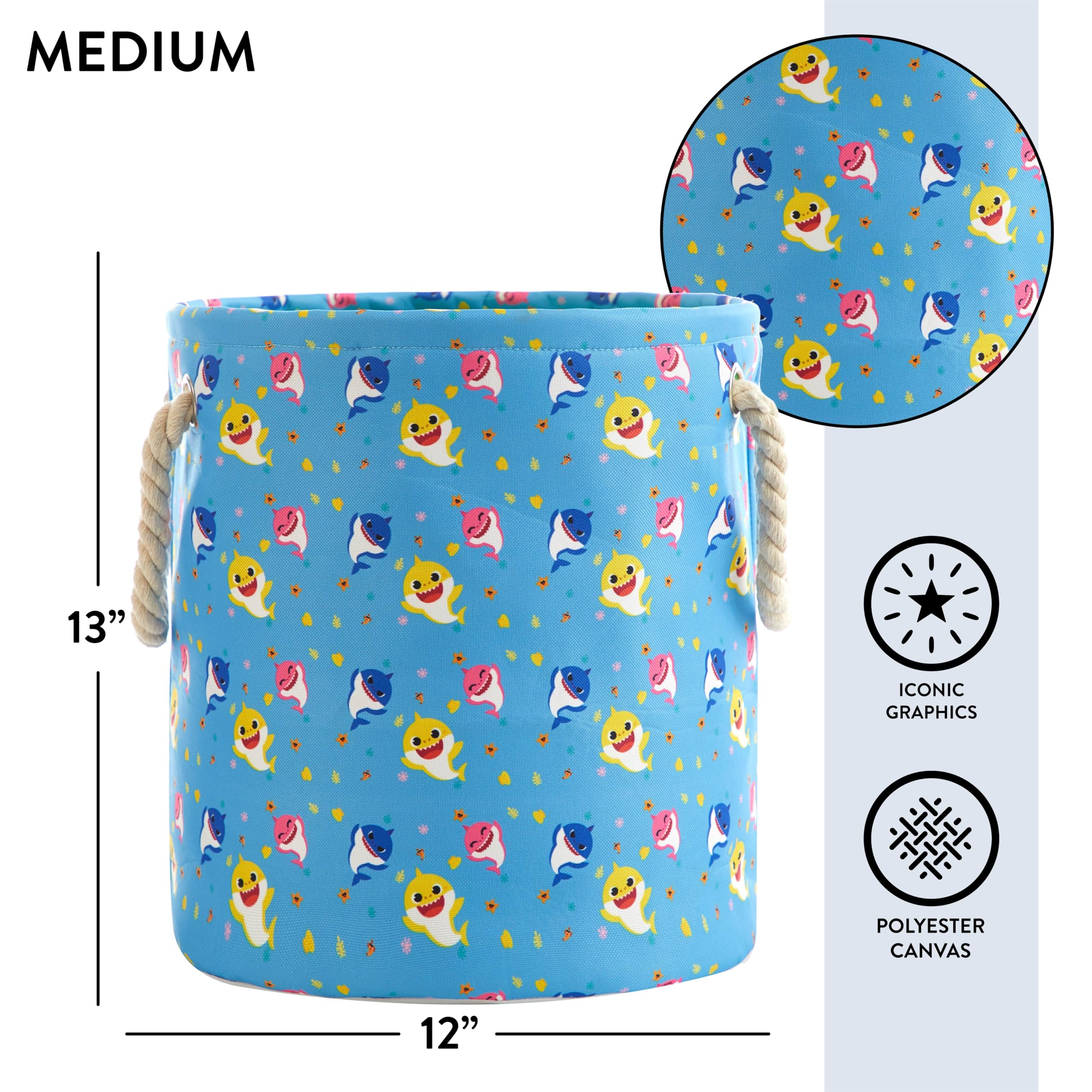 Idea Nuova Baby Shark 3 Piece Multi Size Fabric Nestable Toy Storage Basket Set, with Rope Carry Handles