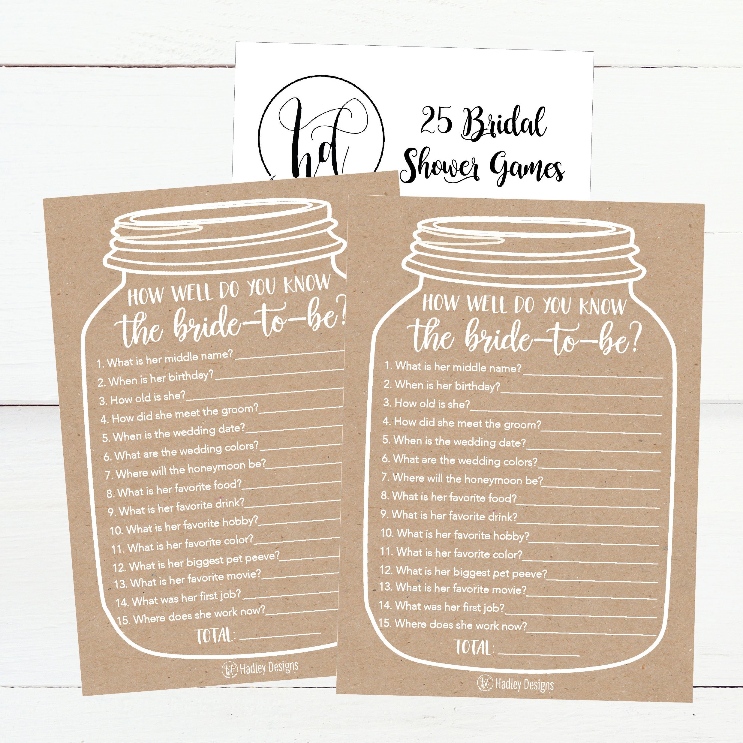 Hadley Designs 25 Cute Rustic How Well Do You Know The Bride to be Bridal Wedding Shower, Bachelorette Party Game, Couples Guessing Question Set of Cards Pack Unique Printed Engagement