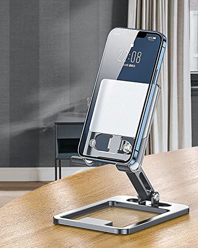 Folding Cell Phone Stand, Adjustable Desktop Phone Holder Dock Compatible with Phone 14 13 12, Plus, Pro, Pro Max, Samsung Galaxy S22 S10, 4-10 inch Tablet (Silver)