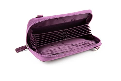WalletBe Women's Leather RFID Zipper Double Accordion Clutch Wallet with Wristlet Croco Purple