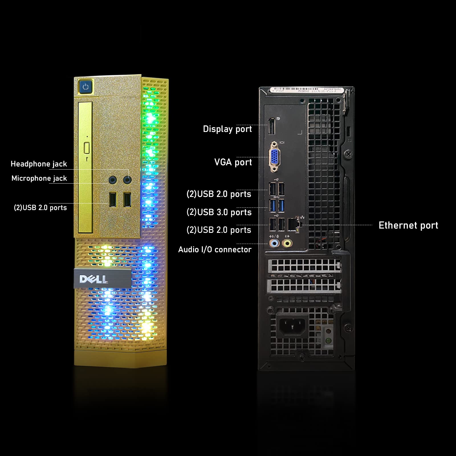 Dell PC Treasure Box RGB Desktop Computer Intel Quad Core I5 up to 3.6G, 8G RAM, 256G SSD, WiFi & Bluetooth, RGB Gaming PC Keyboard & Mouse, DVD, Windows 10 Pro (Renewed) (Glamour Gold)
