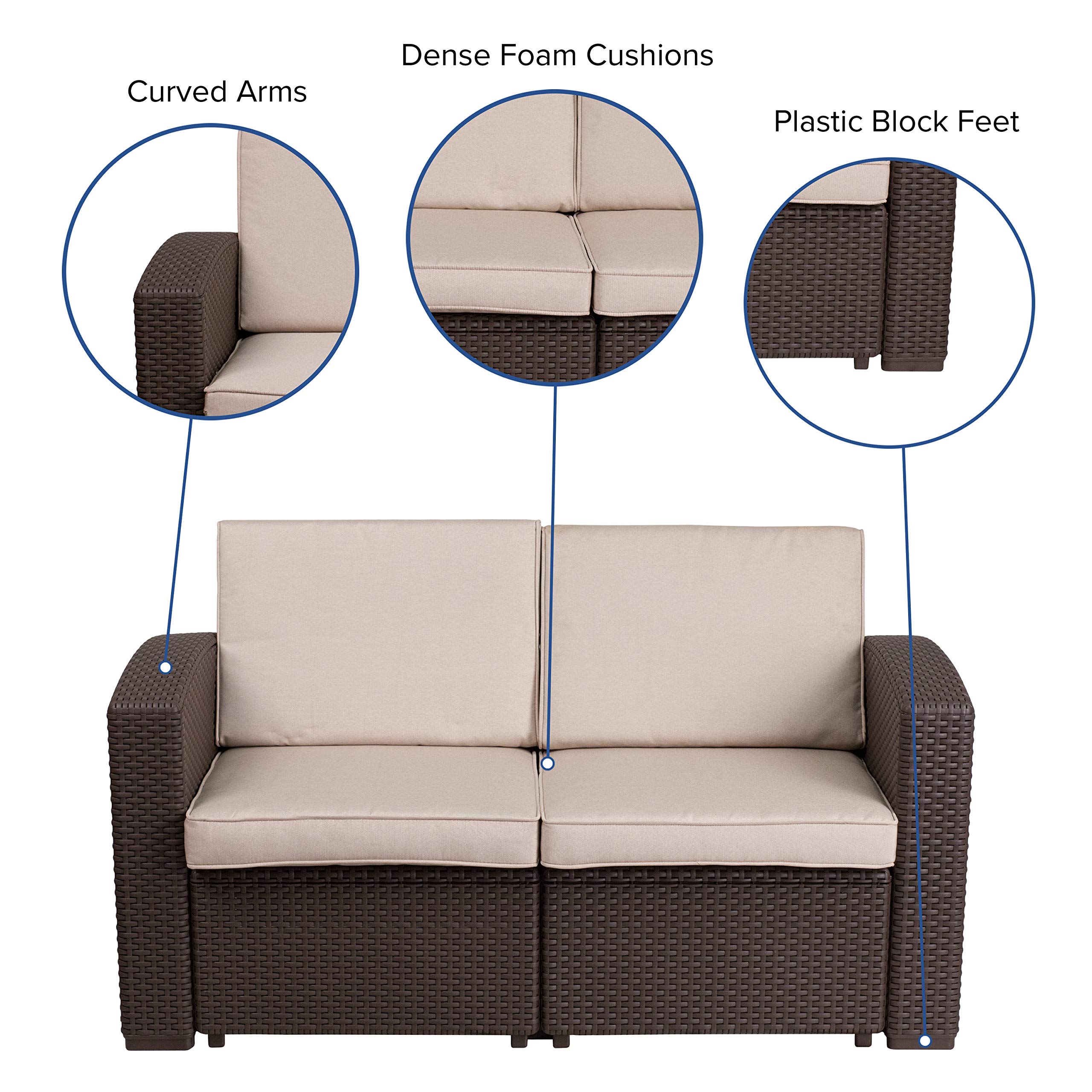 Flash Furniture Seneca Chocolate Brown Faux Rattan Loveseat with All-Weather Beige Cushions