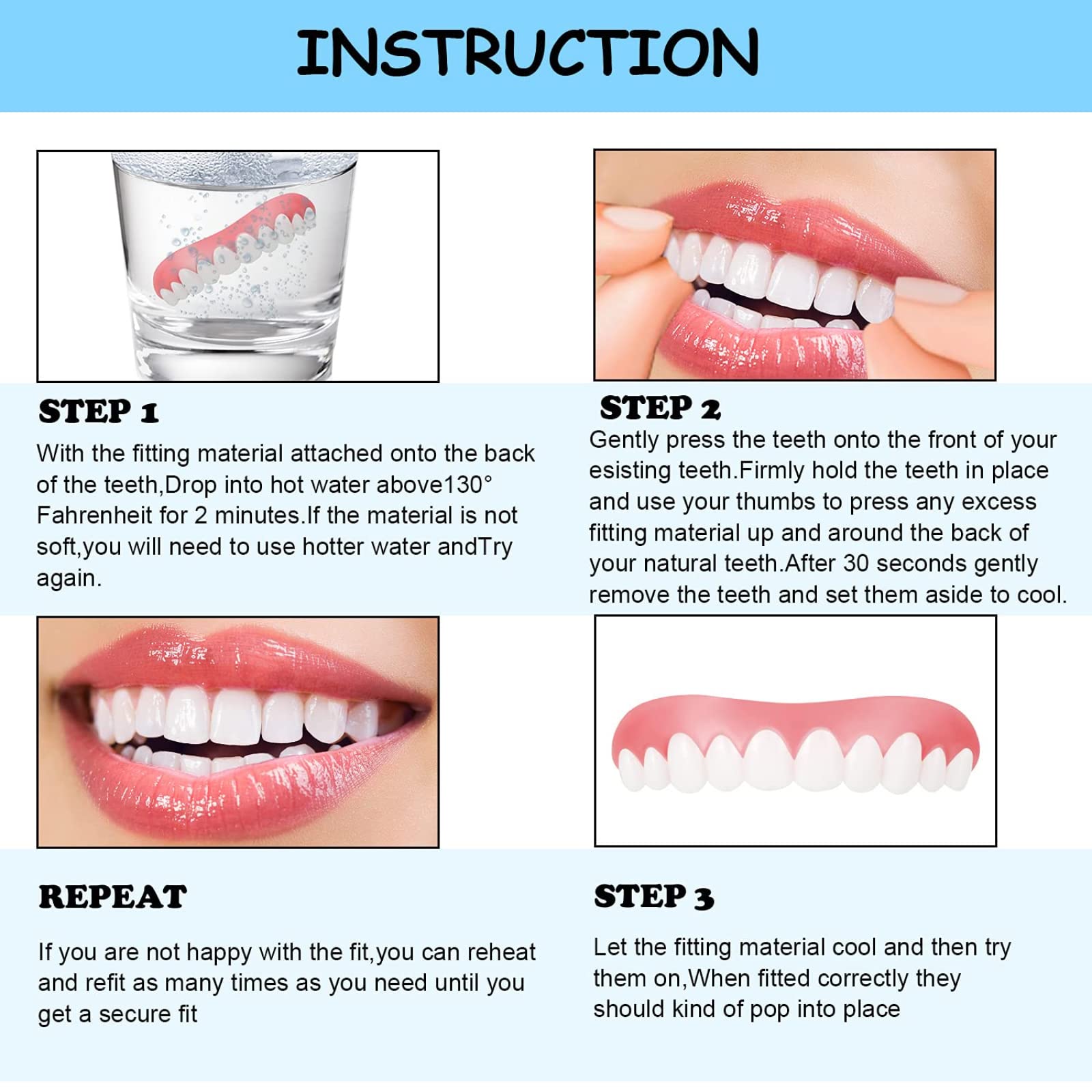 CAILING 4 PCS Professional Tooth Replacement Kit, DIY Denture Kit for Cosmetic Teeth, Natural Shade Fake Veneer for Temporary Fix Confident Smile