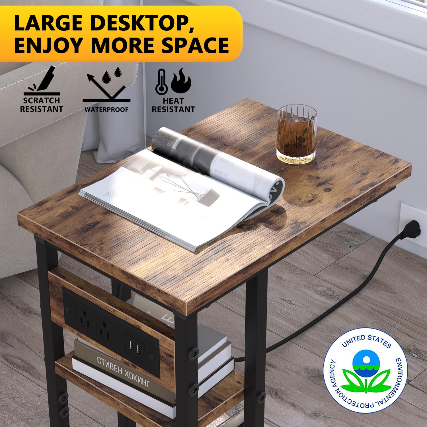 C Shaped End Table with Charging Station, 2 Tier Sturdy C Shaped Side Table Bedside Tables with Metal Frame for Living Room Bedroom, C Shaped Sofa Couch Table Snack Table Coffee Table, Rustic Brown