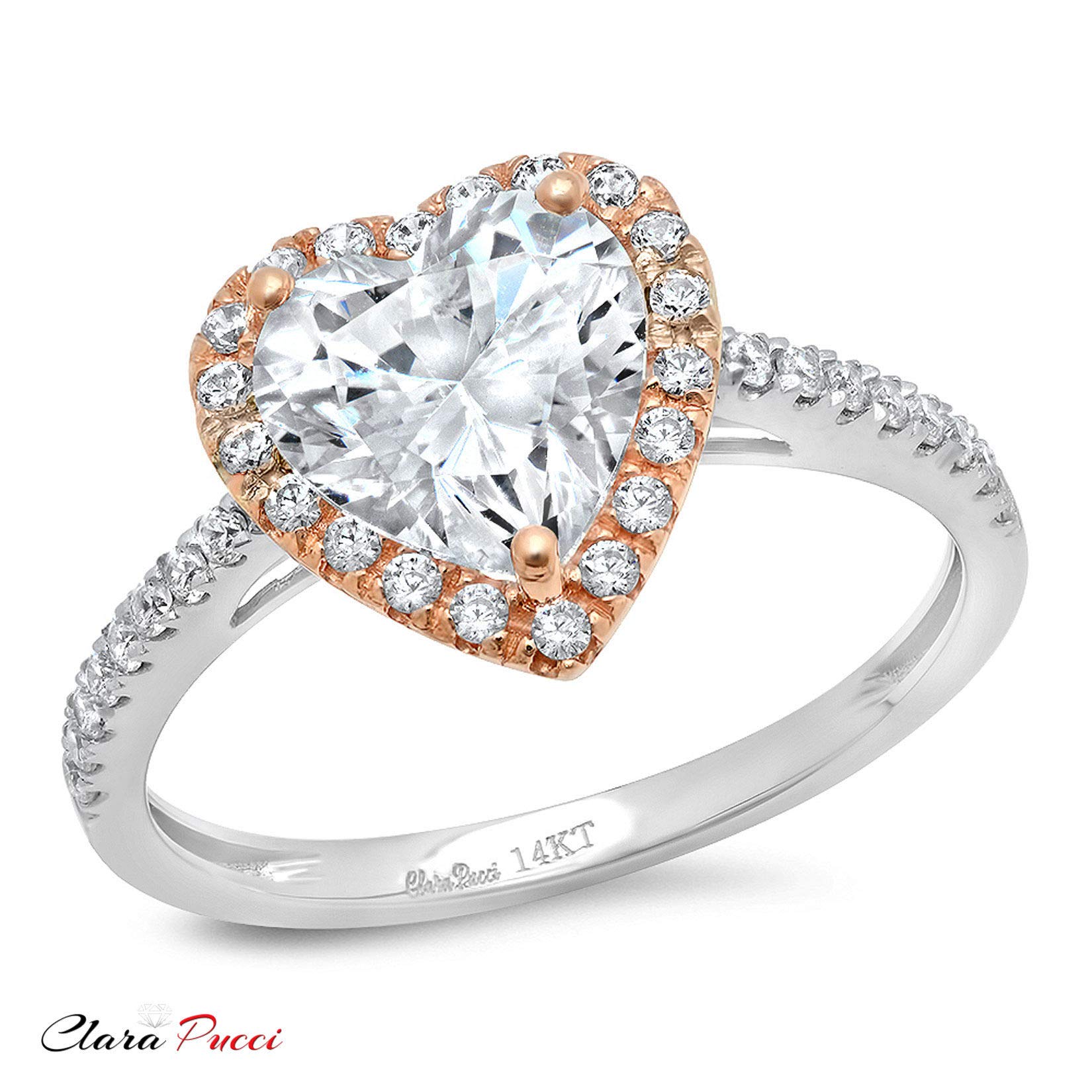 Clara Pucci 2.27 Carat Heart Cut Natural Diamond SI1 SI2 J K 14K White Rose Solid Gold Halo Bridal Wedding Engagement Designer Ring size 6