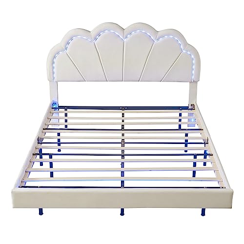 Floating Bed Frame Queen Size with LED Lights, Queen LED Bed Frame with Elegant Flowers Headboard, Smart Velvet Upholstered Platform Bed with Wooden Slats Support, Queen Size, Beige