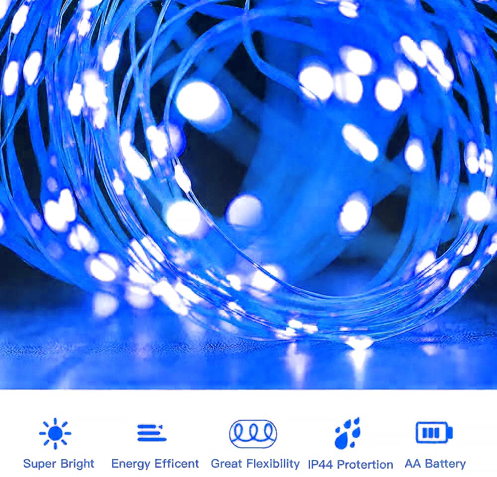koopower 2 Pack Solar String Lights UL Certified, 33ft 8 Modes Copper Wire Blue Lights Solar/Battery Powered Outdoor String Lights Waterproof Fairy Lights for Xmas Tree Garden Home Ambiance Wedding