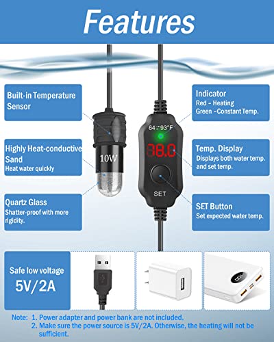 Kulife 5V/2A USB Powered 10W Super Mini Fish Tank Heater Adjustable Submersible Aquarium Heater Betta Heater Turtle Heater with LED Display Thermostat - for up to 1 Gallon Tanks