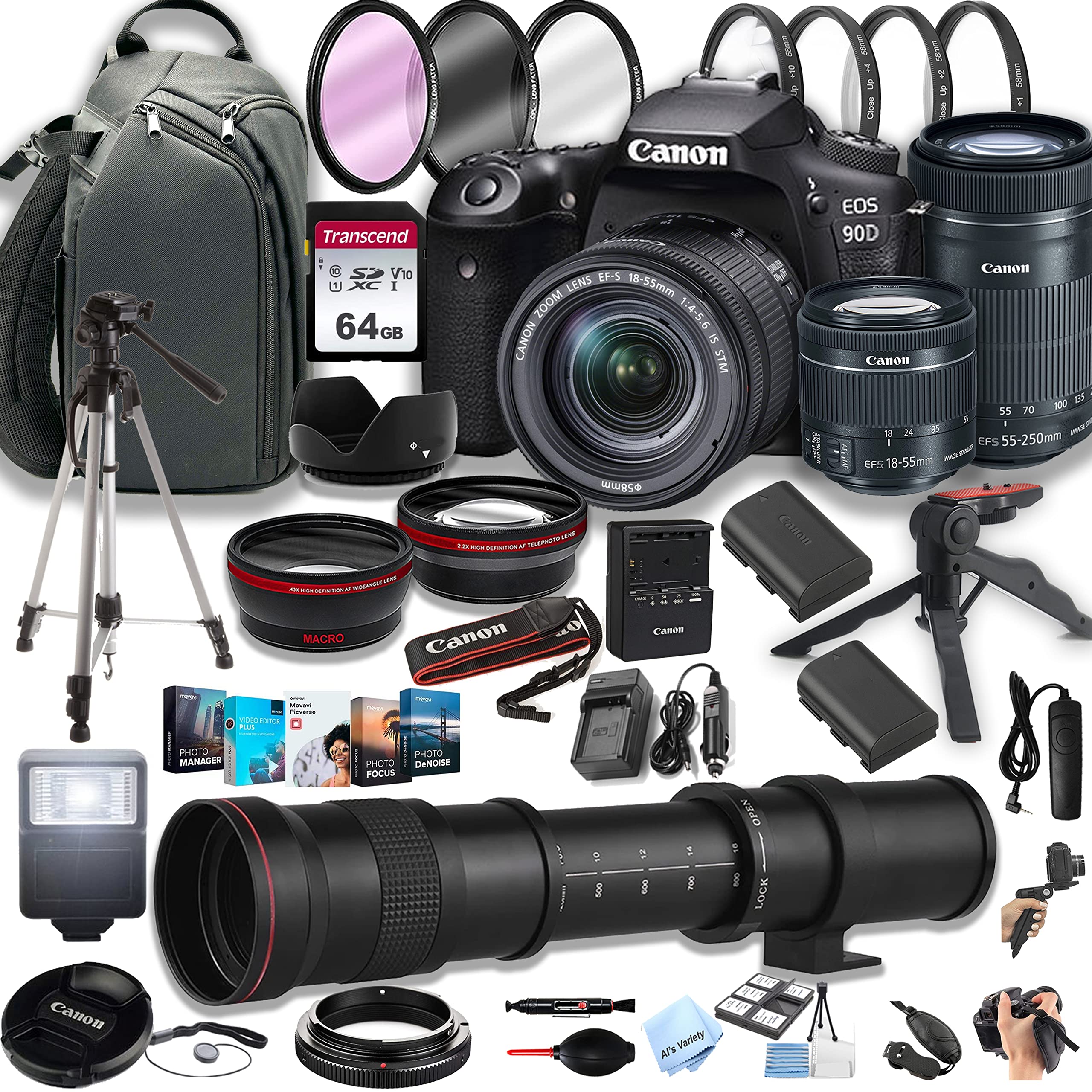 Canon EOS 90D DSLR Camera w/EF-S 18-55mm F/4-5.6 STM Zoom Lens + 55-250mm f/4-5.6 is STM Lens + 420-800mm Super Telephoto Lens + 64GB Memory Cards, Professional Photo Bundle (44pc Bundle) (Renewed)