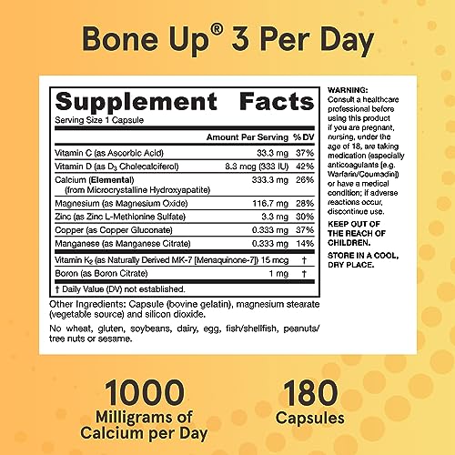 Jarrow Formulas BoneUp Three Per Day - 180 Capsules - 60 Servings - For Bone Support & Skeletal Nutrition - Includes Naturally Derived Vitamin D3, K2 (as MK-7) & 1000mg Calcium - Gluten Free - Non-GMO