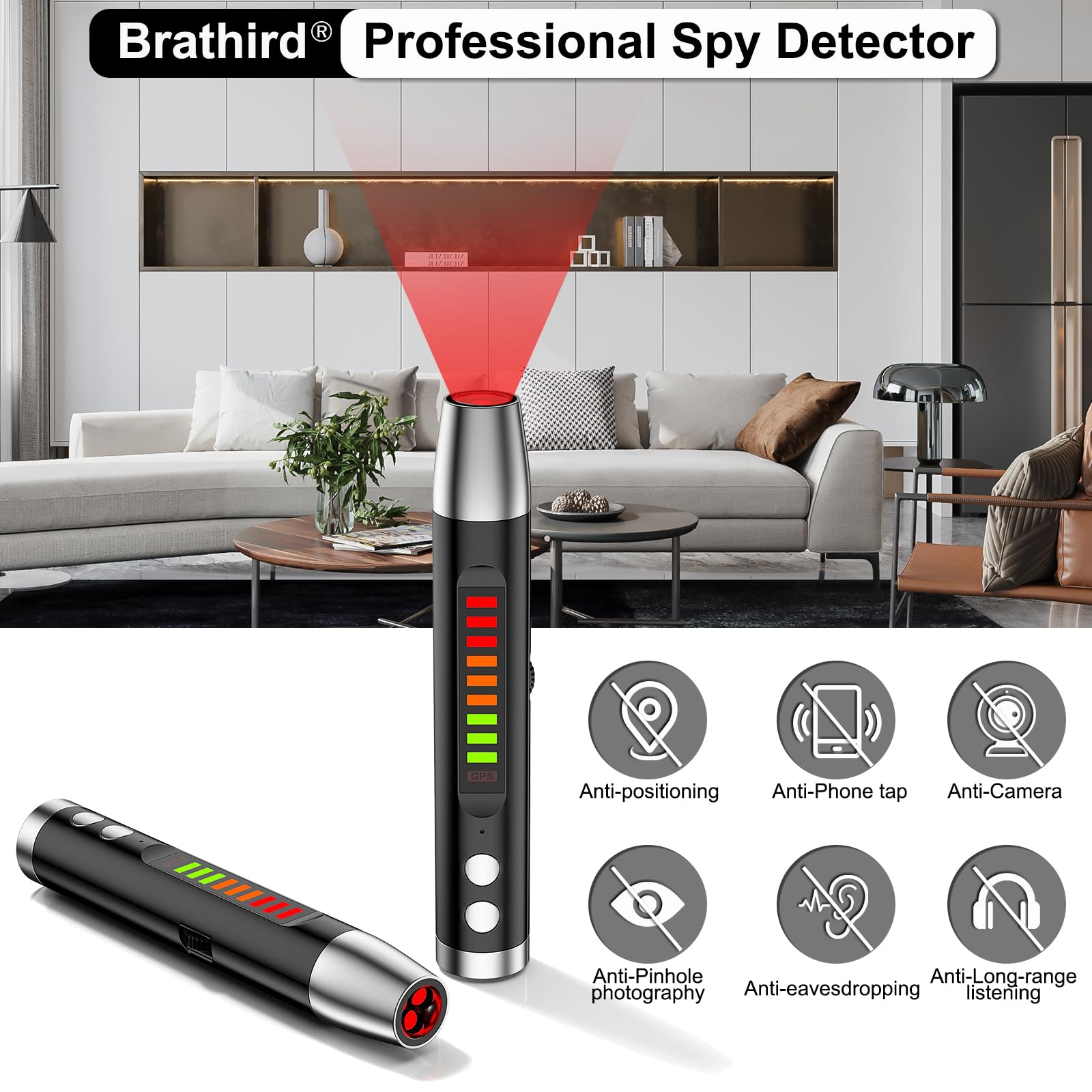 Brathird Spy Detector, Hidden Camera Detectors, Camera Finder, RF/Bug Signal Scanning/Magnetic Field Detection/IR Mode Detection for GPS Tracker, Spy Camera Detector Finder for Travel, Office, Car