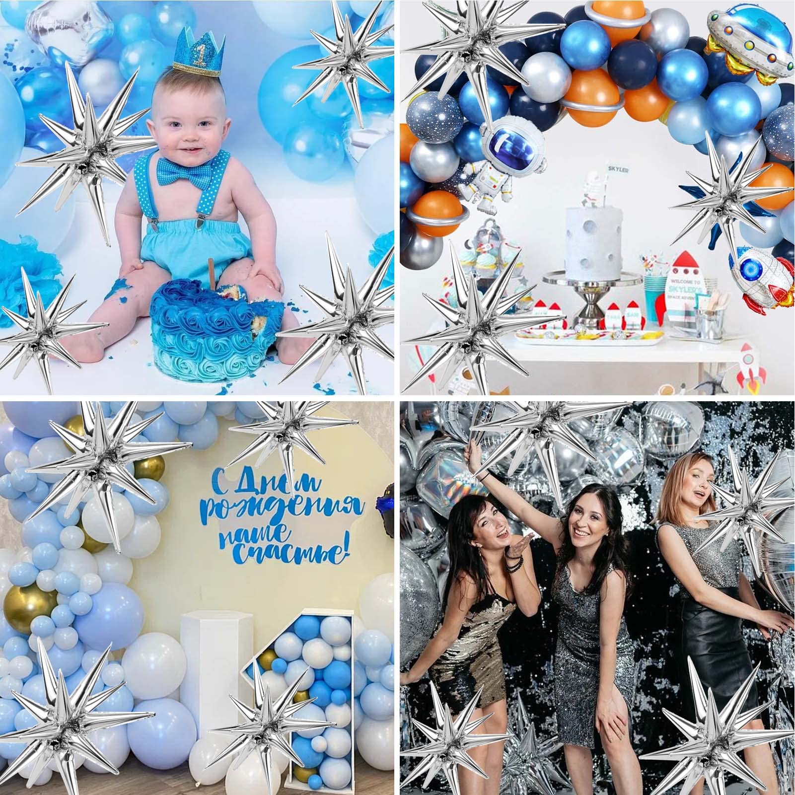 Cadeya 8 Pcs Star Balloons, Huge Silver Explosion Star Aluminum Foil Balloons for Birthday, Baby Shower, Wedding, Bachelorette Party, Disco Party Decorations Supplies