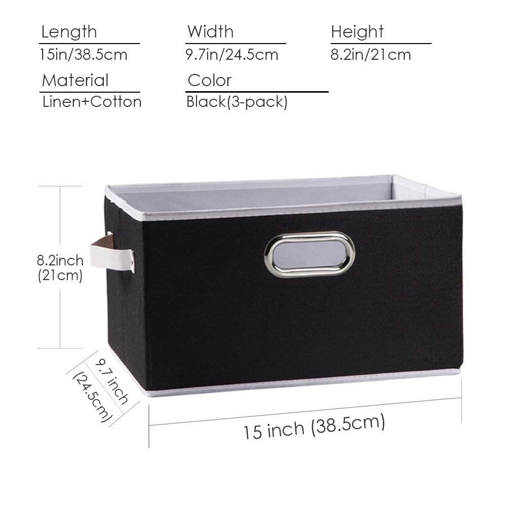 PRANDOM Large Collapsible Storage Bins for Closet [3-Pack] Decorative Fabric Storage Baskets Cubes with Leather/Metal Handles for Shelves Bedroom Living Room Black (14.9x9.8x8.3 Inch)