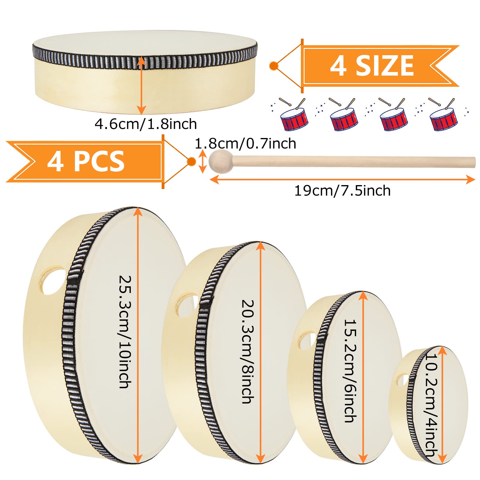 DAJAVE 4 Pack Hand Drums with Drum Stick 4Inch 6 Inch 8 Inch 10 Inch, Percussion Wood Frame Drum with 4 Sticks, Musical Instruments for Drums Beginners for Home School Party Supplies
