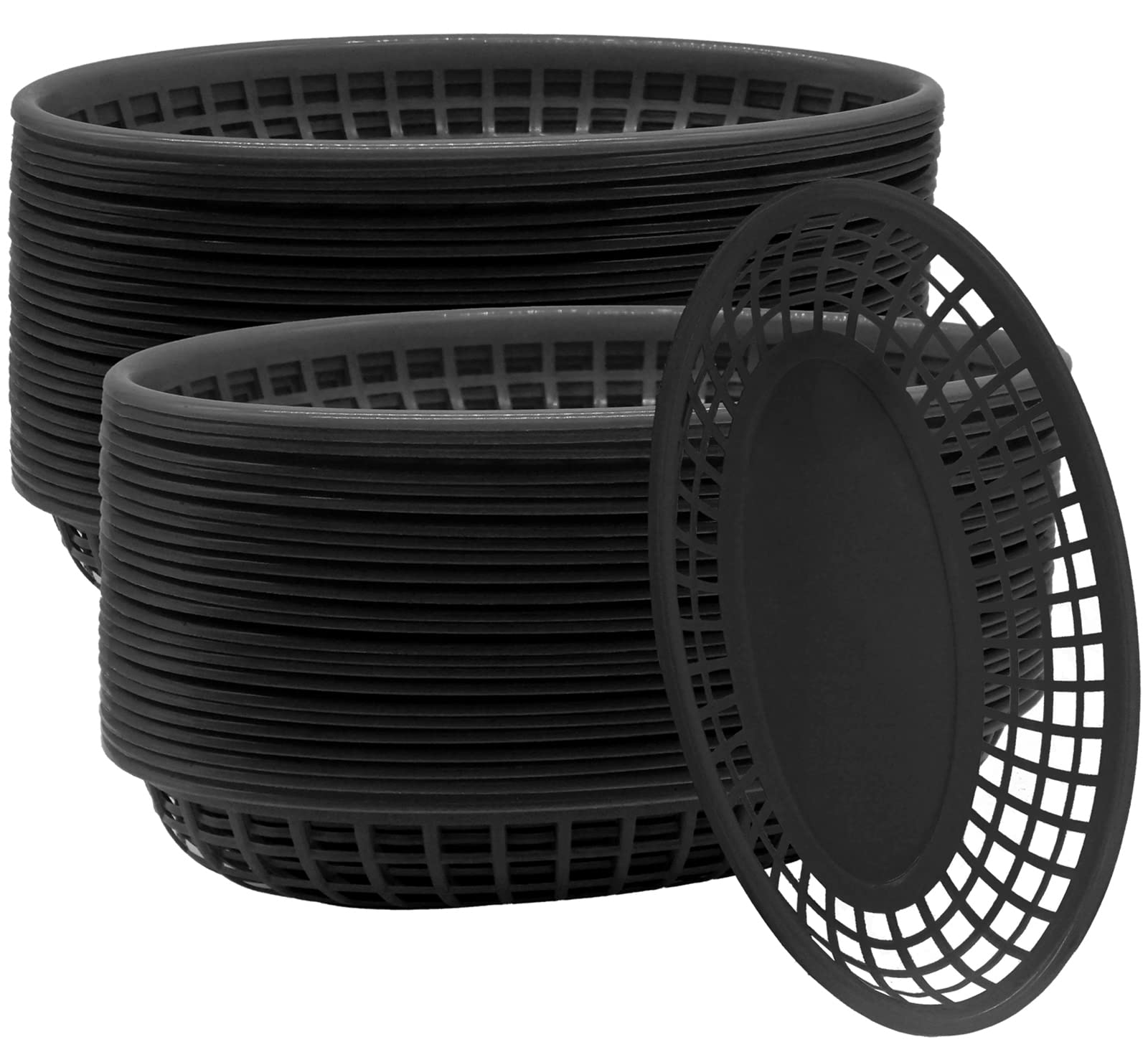 Cezoyx 50 Pack Black Fast Food Basket, 8.9 x 5.6 x 1.5 inch Oval Bread Fry Baskets Plastic Food Serving Tray for Fast Food Restaurant Supplies, Deli Serving, Chicken, Burgers, Sandwiches, Fries