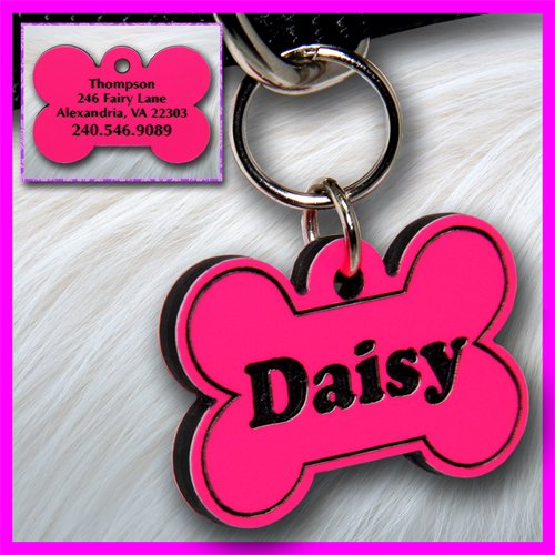 Personalized Custom Engraved Plastic Pet Dog ID Tag 2-Sided Bone Pink/Black