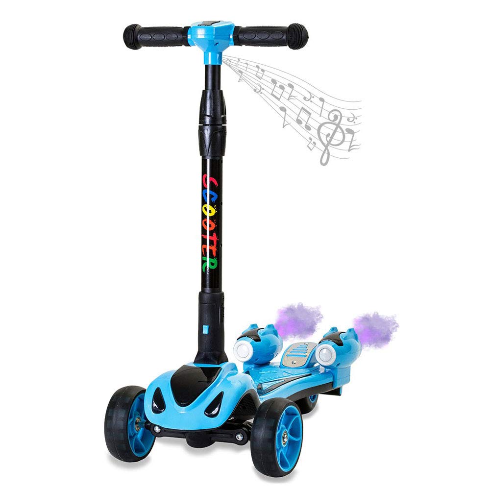 Children's Scooter 3-Wheel Scooter with Colorful LED Flash Wheel, Music, Spray Steam, Foldable, Height-Adjustable, Suitable for Children Aged 3-12(Black)