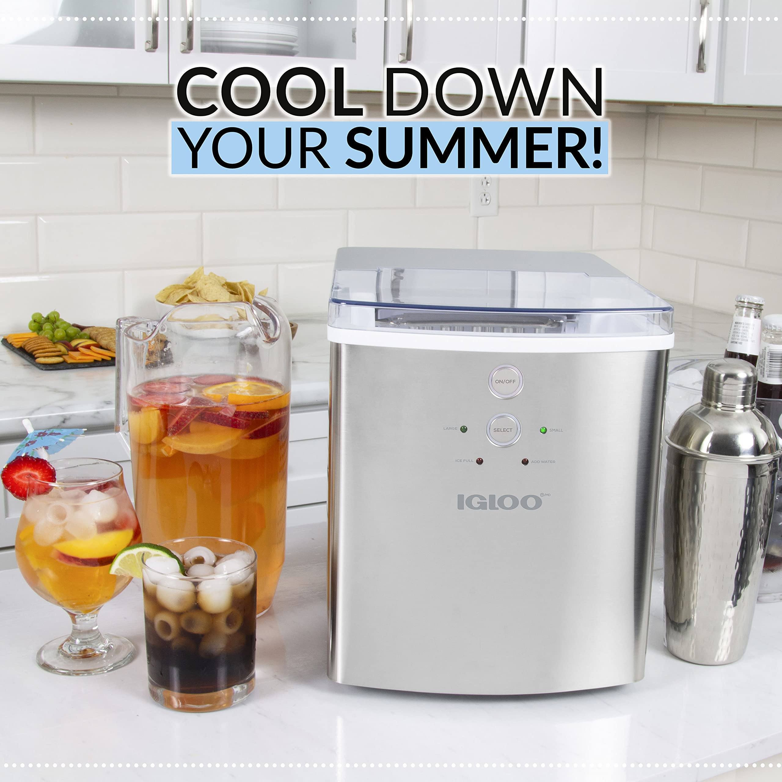 Igloo ICEB33SS Large-Capacity Stainless Steel Automatic Portable Electric Countertop Ice Maker Machine, 33 Pounds in 24 Hours, 9 Cubes Ready in 7 Minutes, with Scoop and Basket