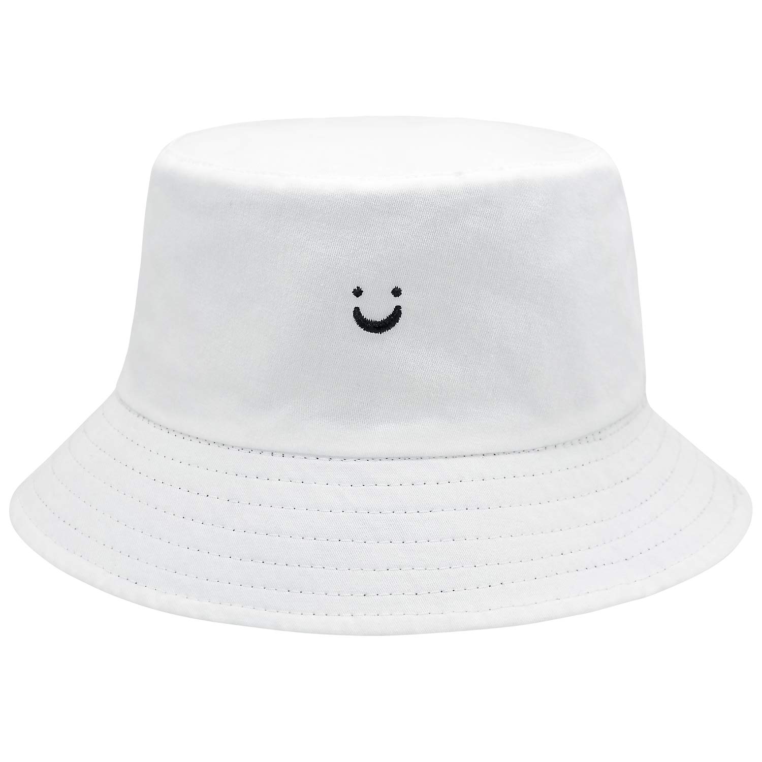 Bucket Hat Unisex 100% Cotton Smile Face Embroidery Reversible Hat Travel Bucket Beach Sun Hat Outdoor Cap