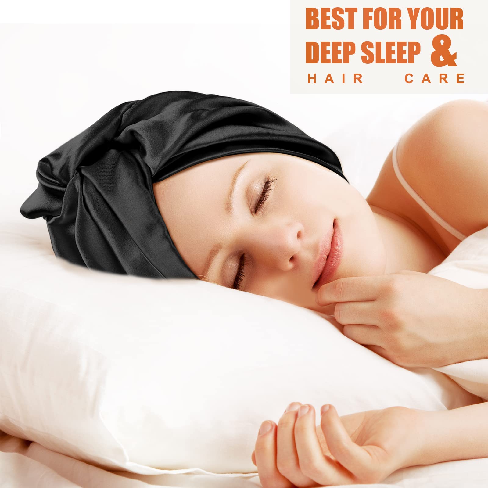 Geyoga 6 Pcs Reusable Large Silk Bonnet Hair Wrap for Sleeping, Natural Silk Scrunchy, Soft Scrunchies, Silk Ponytail Holder for Women's Hair Care (Black, Beige)