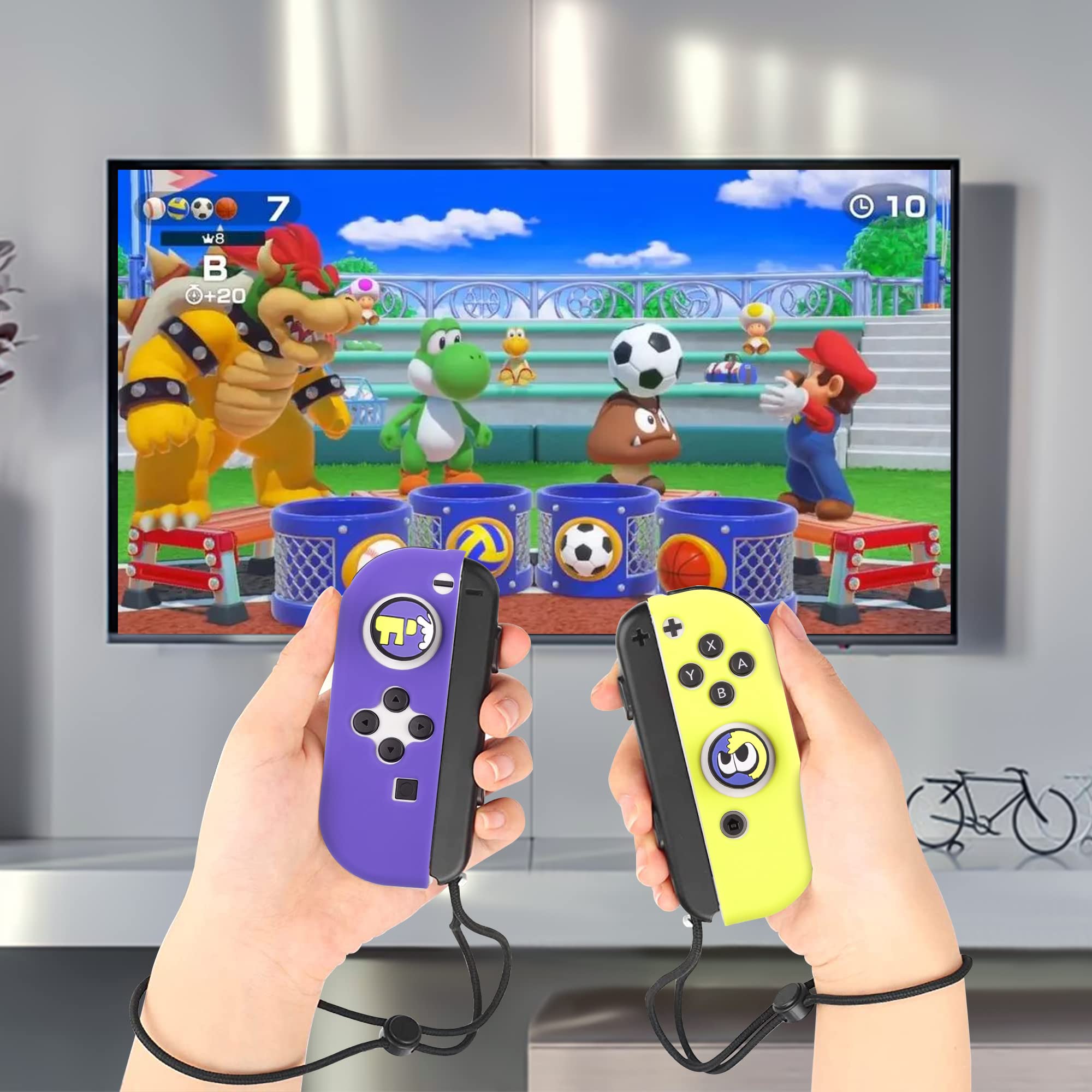 Cybcamo Joycon Anti-Slip Soft Touch Grip Silicone Rubber Skin Case Cover for Nintendo Switch & Switch OLED Model Joy-Con with 6 Stick Caps (Controller Not Included) - Blue/Neon Yellow