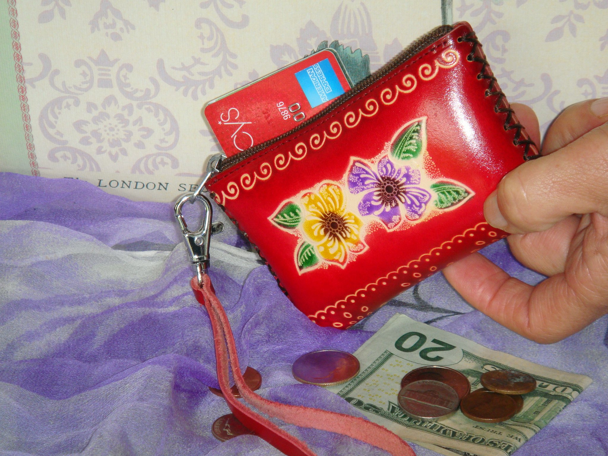 Leather Change Purse,rectangle shape,Hawaii Flower and butterfly Embossed, Handmade wallet,Wristlet and Zipper