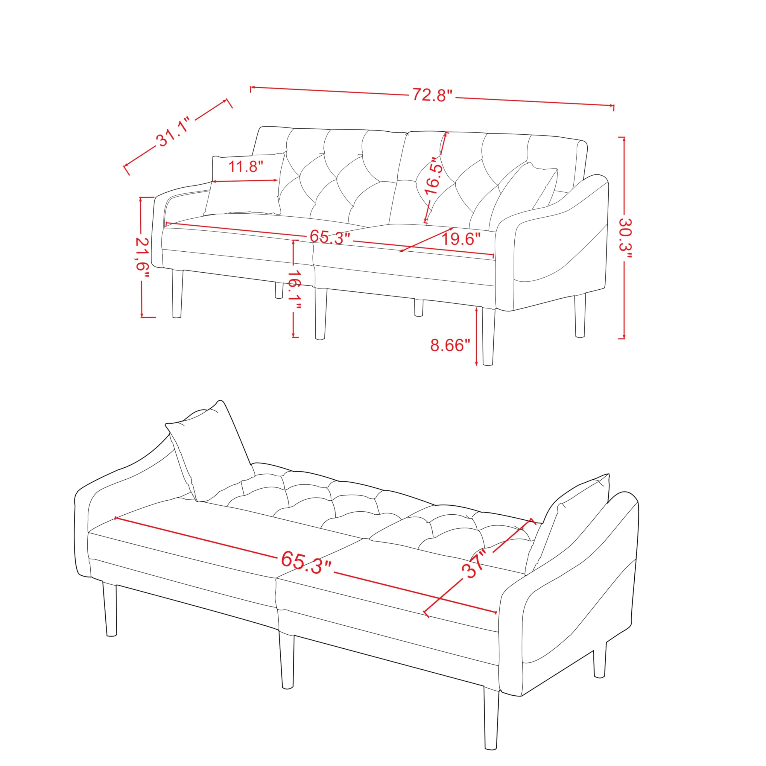 Eafurn Folding Convertible Sleeper Futon Sofa Bed, Comfy Velvet Tufted Recliner Loveseat Couch Guest Bed Sofacama with Reclining Backrest and Wooden Legs for Living Room Office