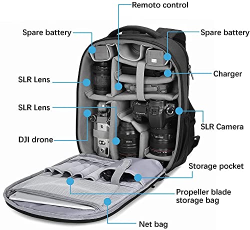 CADeN Camera Backpack, Waterproof Drone and Camera Bag for Canon Nikon Sony DSLR SLR Mirrorless, DJI Mavic, Air 2S, FPV Drone Backpack with 15.6'' Laptop Compartment & Tripod Holder
