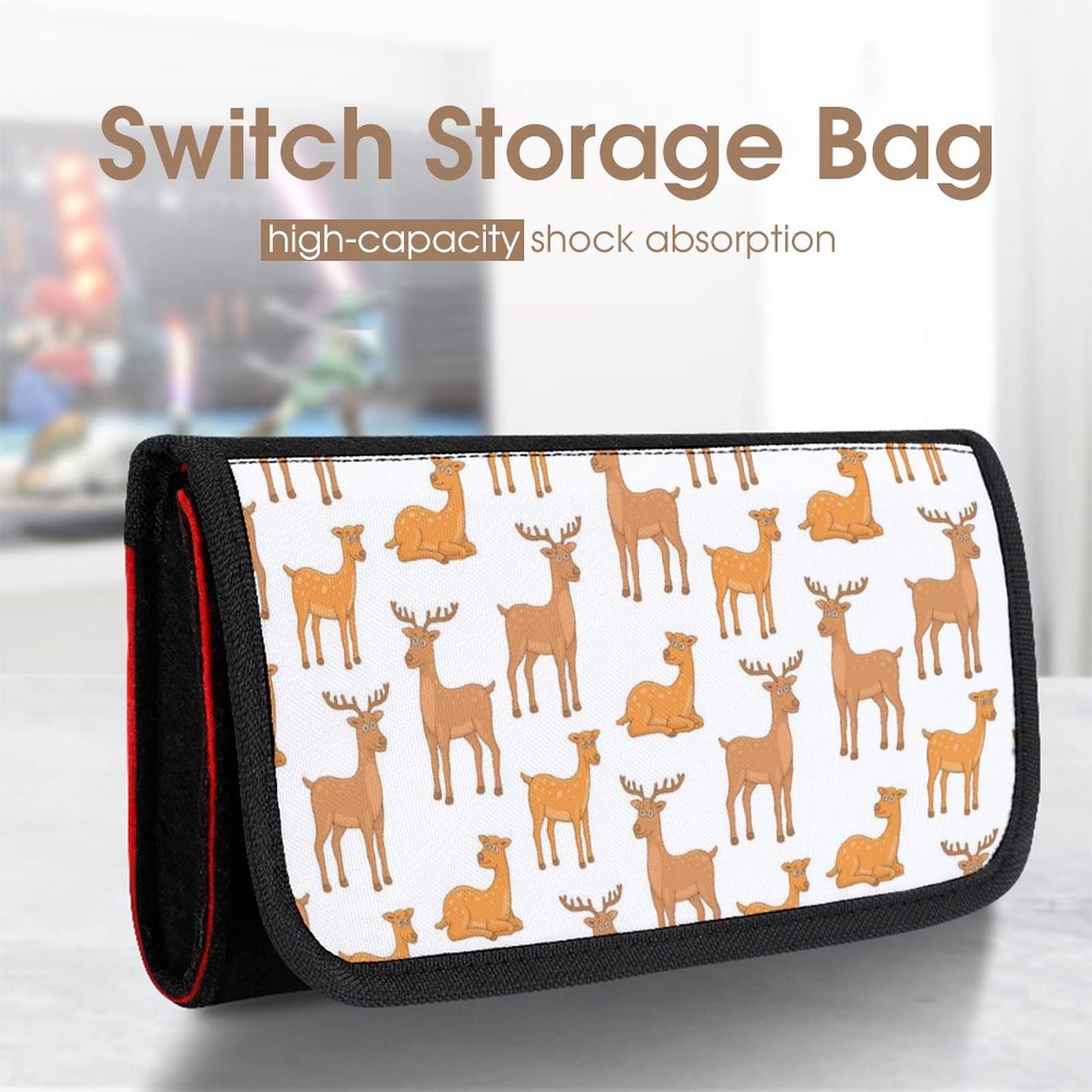 Deers Pattern Carrying Bag Compatible with Switch Protective Case Slim Felt Pouch with 5 Game Cartridges Holders