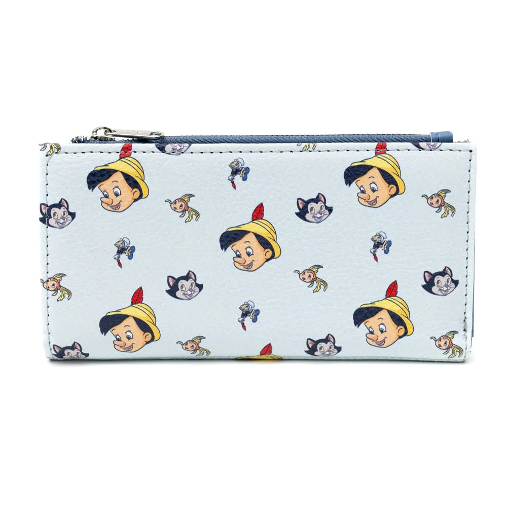 Buckle-Down Disney Wallet, Fold Over, Snap Pouch, Pinocchio and Friends Face Collage Light Blue, Vegan Leather