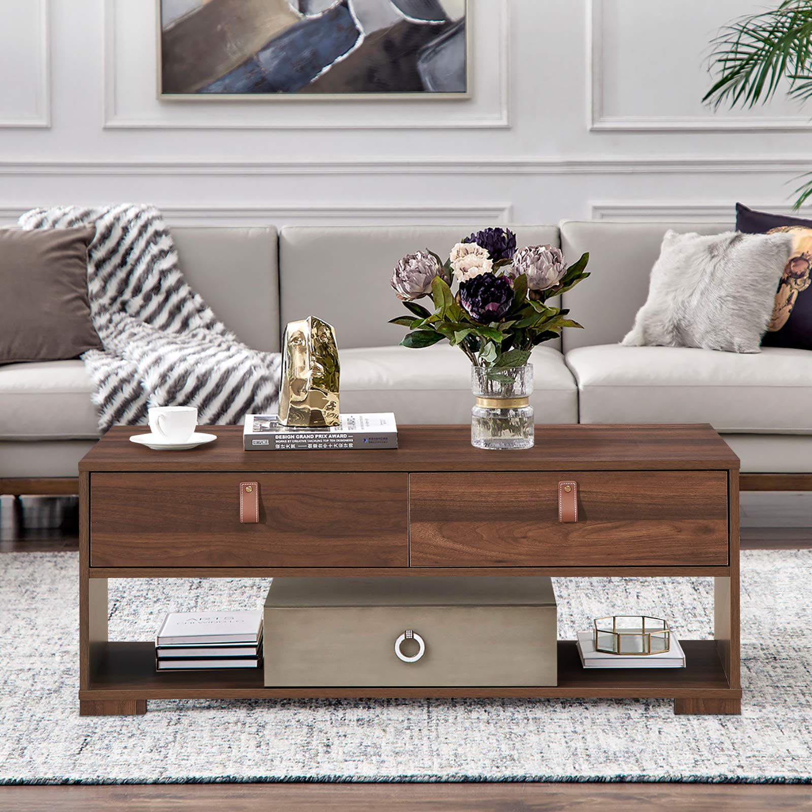 Tangkula Coffee Table with Drawers, Industrial Accent Cocktail Table with 2 Drawers & Open Storage Shelf, Wooden Rectangular Sofa Table for Living Room Home Office (Walnut)