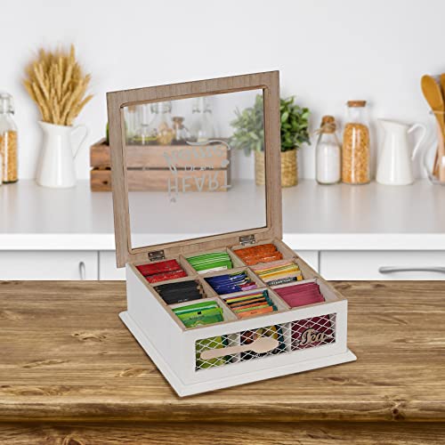 handrong Tea Box for Tea Bag Organizer Wooden Tea Bag Holder Tea Chest with 9 Compartments and Glass Cover for Home Tea Parties and Gift
