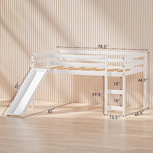 NAFORT Twin Loft Bed with Slide, Low Loft Bed with Stairs, Solid Wood Twin Loft Bed Frame for Girls Boys with Climbing Ladders Guard Rails and Slat Support - White