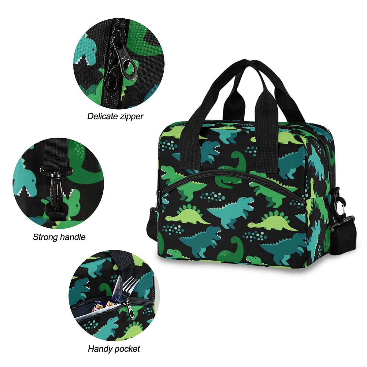 Cute Dinosaur Lunch Bag with Shoulder Strap for Women Men Insulated Lunch Box Tote Bags Water-resistant Cooler Bag for Office Work Picnic Beach (11x7x9 Inch)