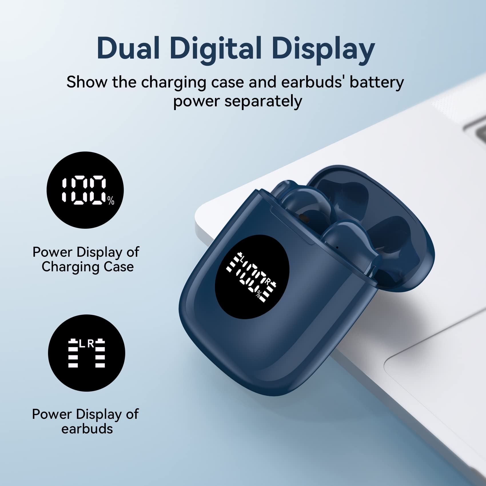 CAPOXO Wireless Earbuds V5.3 Bluetooth Headphones 50Hrs Battery Life with Wireless Charging Case & LED Power Display Deep Bass IPX7 Waterproof Earphones Microphone Stereo Headset for TV Smart Phone