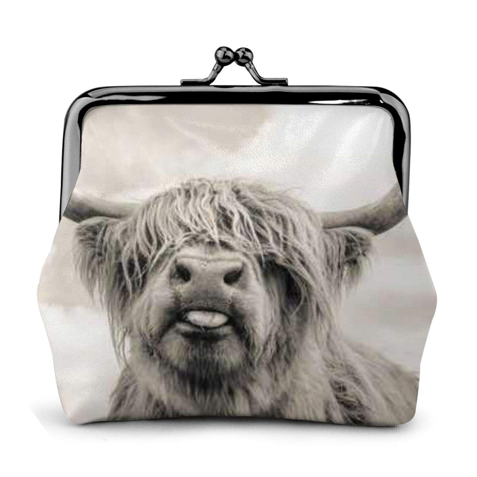 Printed Coin Purse Vintage Pouch Buckle Clutch Bag Kiss-Lock Change Purse Floral Clasp Closure Wallets for Women Girl… (Portrait of A Highland Cow Cattle Ox Horn Hairy Grey)