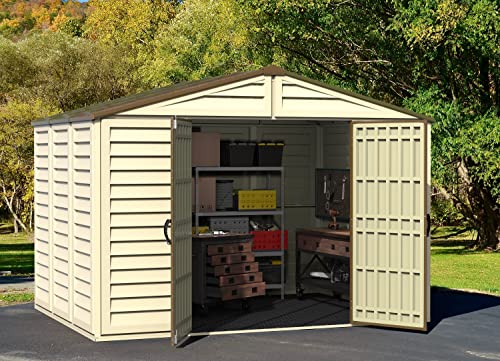 Duramax 0638801402145 Woodbridge Plus 10.5 x 8 Plastic Garden Shed with Foundation Kit & Fixed Window Brown-15 Years Warranty, 10x8, Brown & Ivory