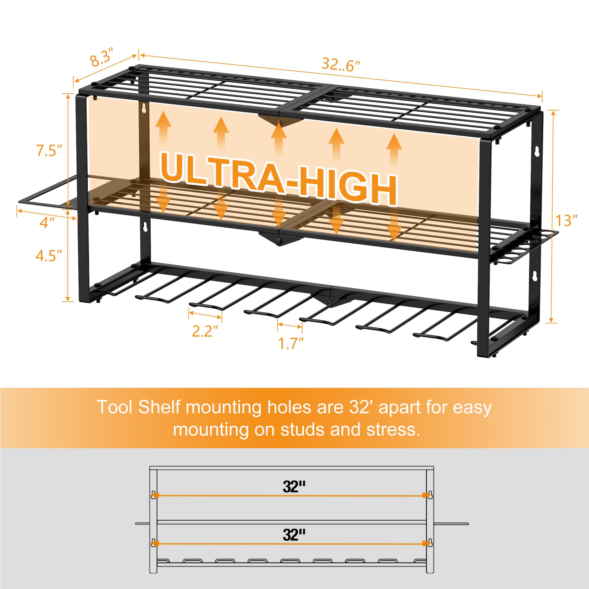 DQAVPFTRE Power Tool Organizer, Garage Tool Organization with 7 Drill Holders, Large Size & Easy Assembly Heavy Duty Metal 3 Layers Tool Shelf for Garage Organization