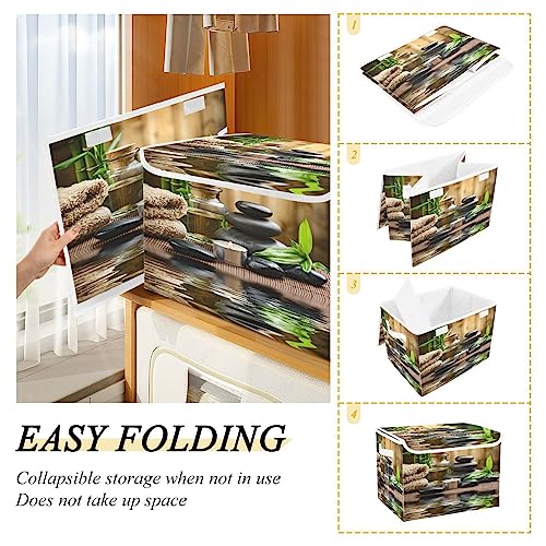 Flradish Zen Basalt Stones on Wood Large Oxford Cloth Foldable Storage with Lid and Handles Toys Clothes Storage Basket for Home Bedroom Closet Office