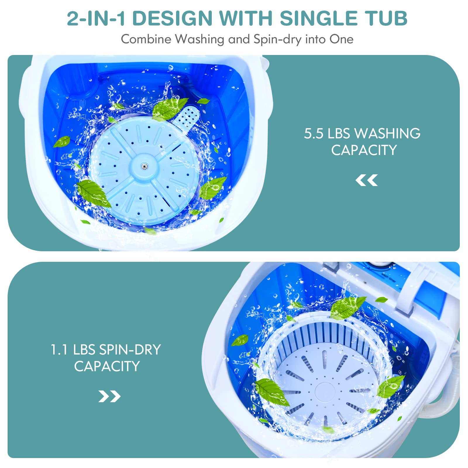 COSTWAY Mini Portable Washing Machine, 5.5 lbs Washing Capacity, Compact Laundry Washer with Durable Design, Single Tub, Rotary Controller, Small Washer Machine for Home Apartment Dorms and RV, Blue