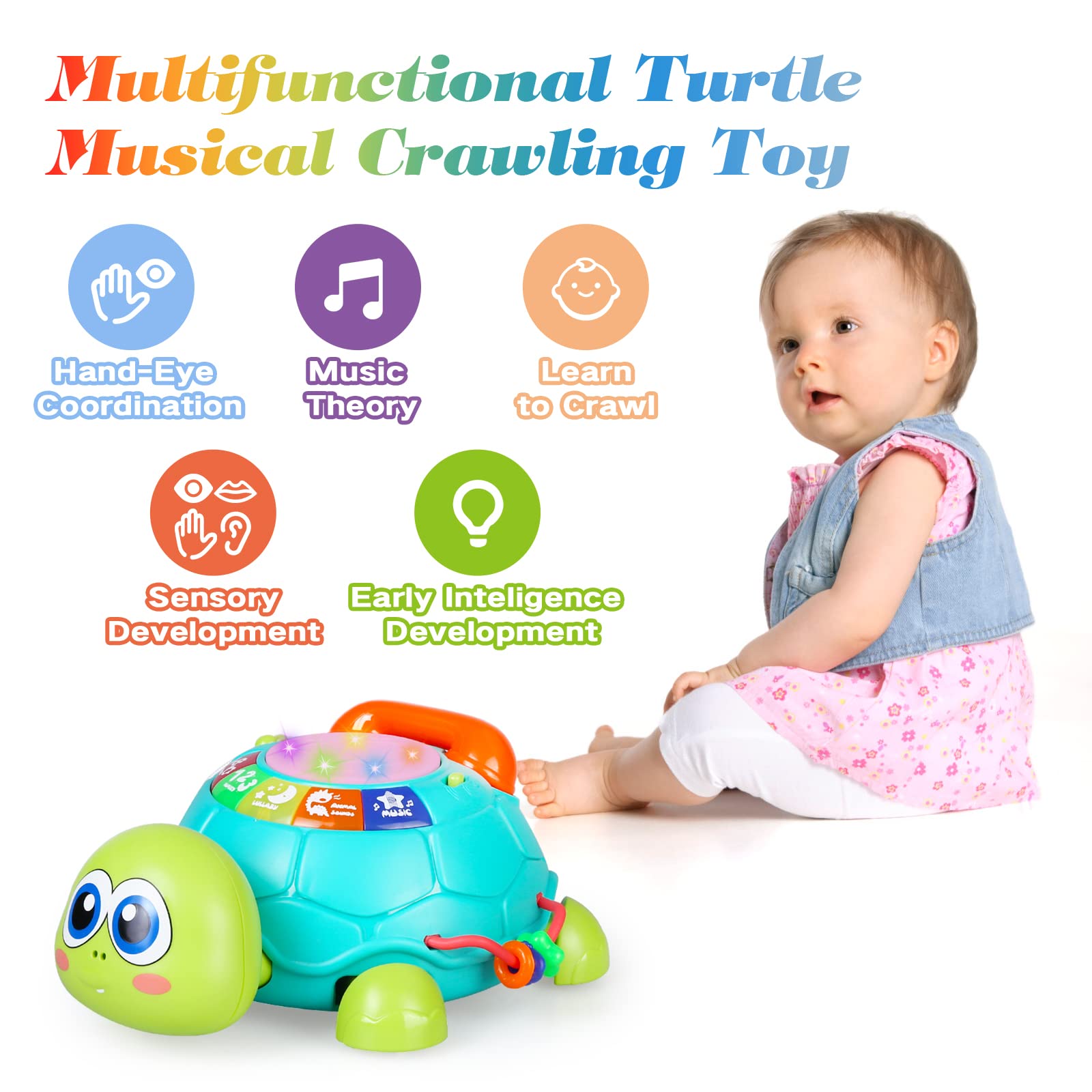 kramow Musical Turtle Toy, Early Educational Developmental Toys, Baby Learning Toy W/Lights & Sounds, Pretend Phone Call,Crawling Baby Toy