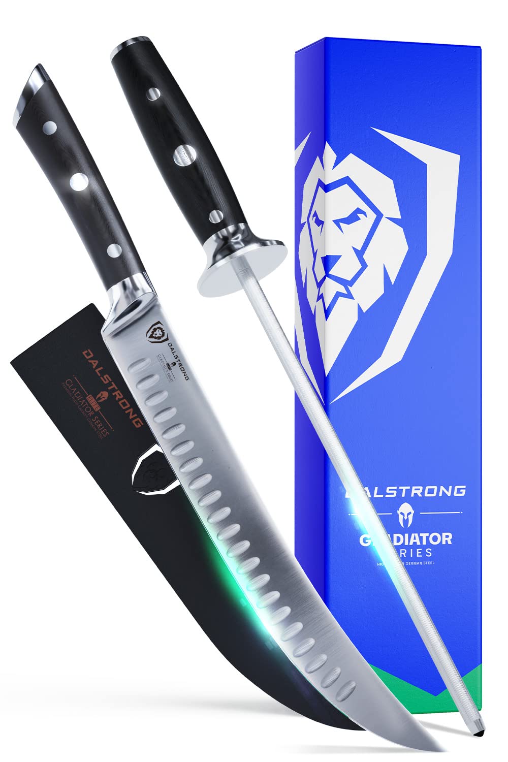Dalstrong The Gladiator Series Elite Butcher Breaking Cimitar Knife 10" Slicer Bundled with Gladiator Series Elite Honing Steel 10" Rod