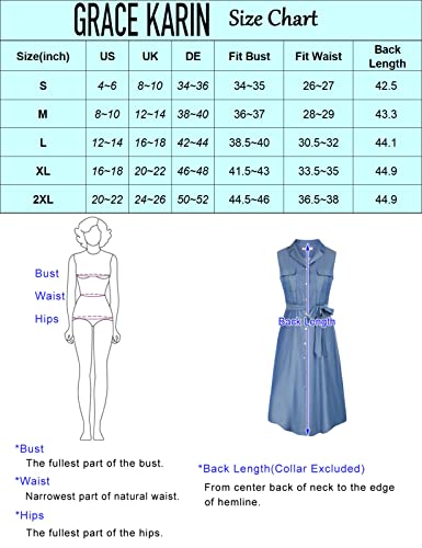 GRACE KARIN Womens Jean Dress Casual Denim Dresses Summer Sleeveless Button Down A line Shirt Dress with Belt Blue XL