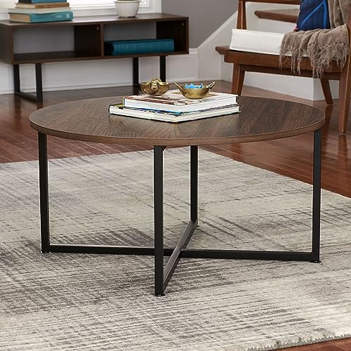 Household Essentials Jamestown Round Coffee Table Mid Century Walnut Wood Grain and Black Metal