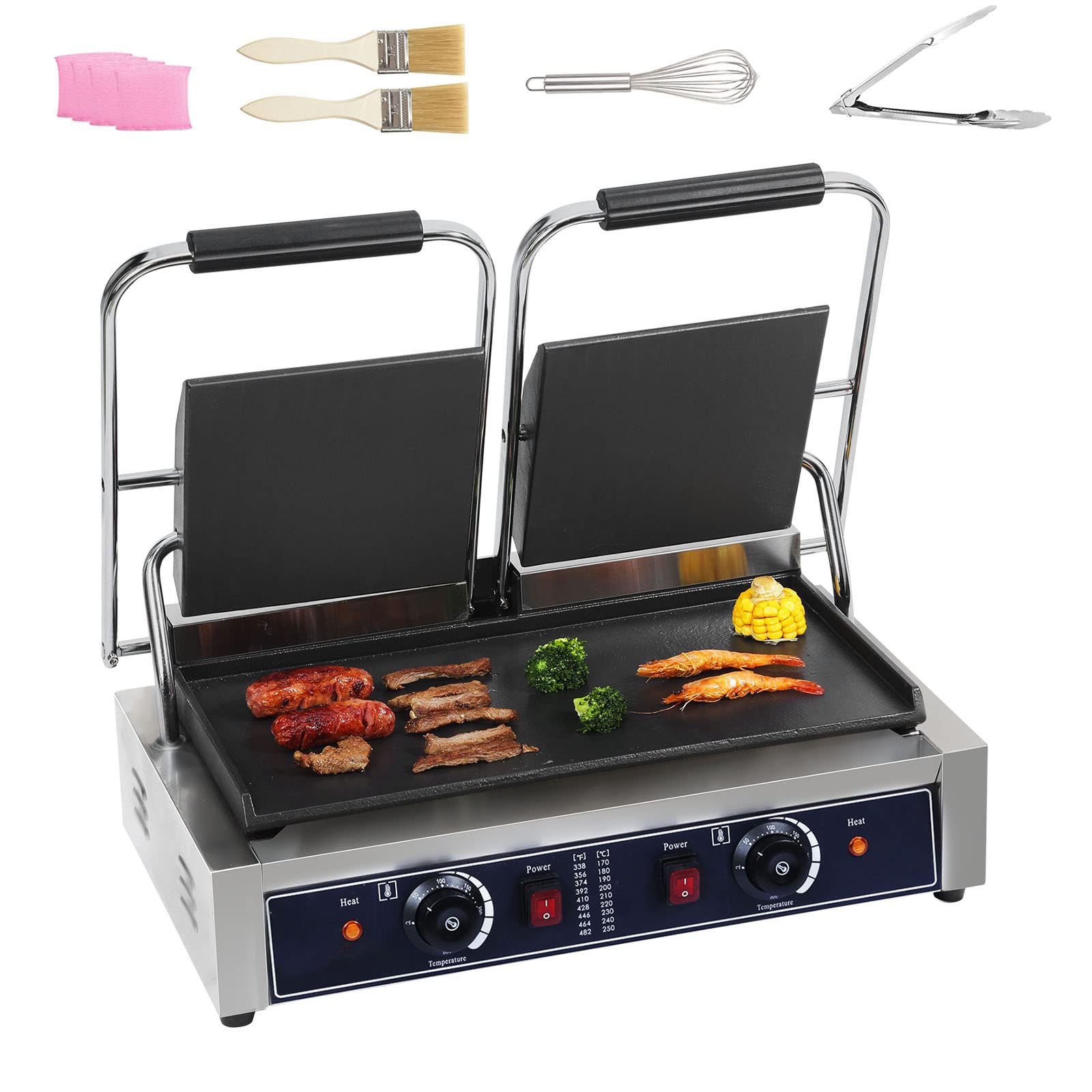 Commercial Panini Press Sandwich Maker 110V 3600W Non-Stick Full Grooved Plates Double Electric Stainless Steel Sandwich Maker for Hamburgers Steaks Bacons (Commercial Plain Press)