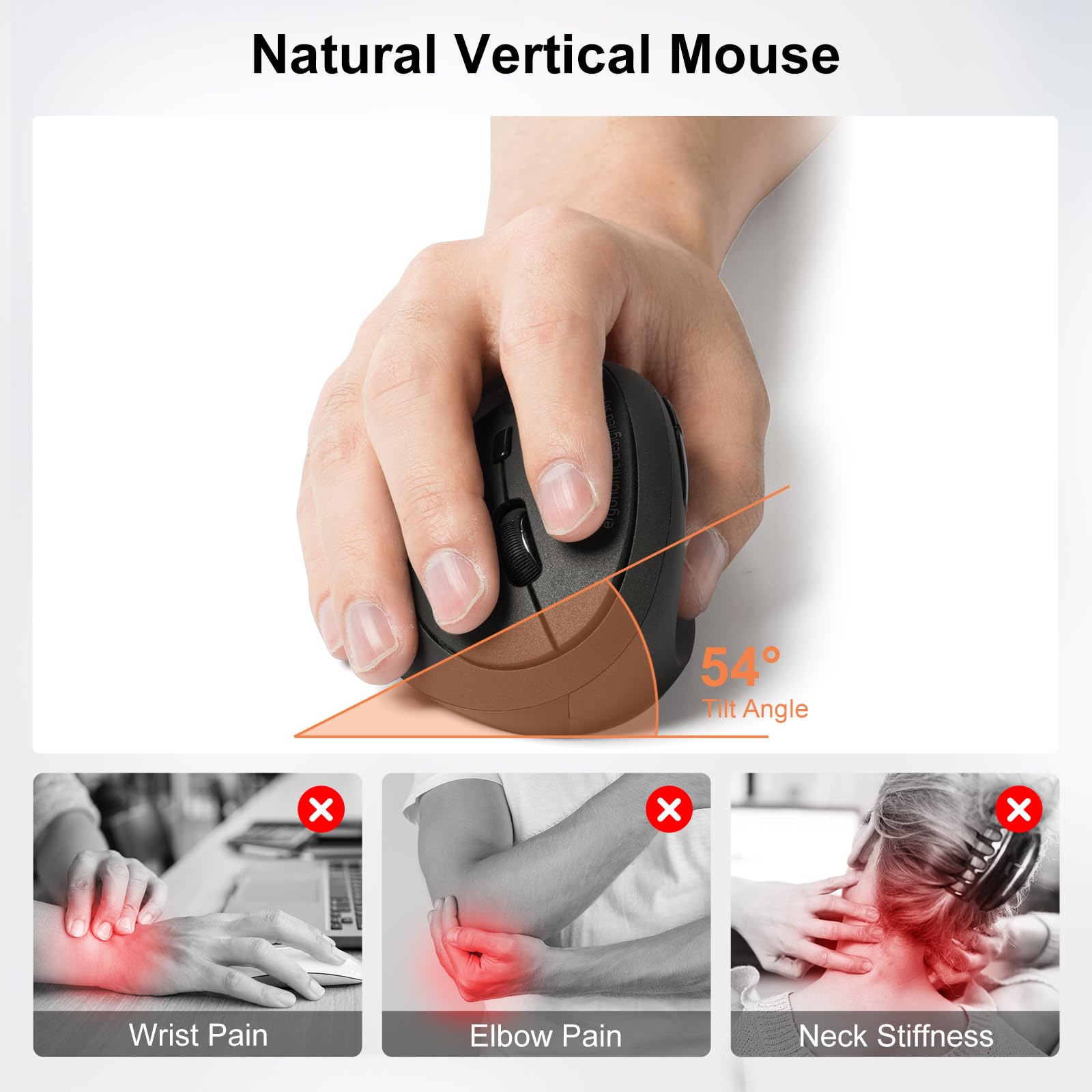 SANWA 2.4G Wireless Ergonomic Mouse, Optical Vertical Ergo Mice for Small Hands, Reduce Wrist Strain, 800/1200/1600 DPI, 5 Buttons, Compatible with MacBook, Laptop, Windows, Mac OS, Black