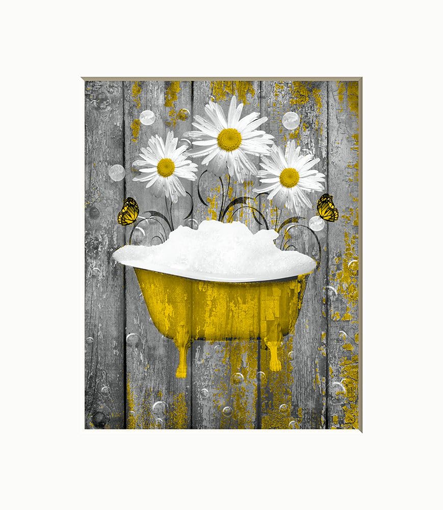 Blue Brown Rustic Farmhouse Daisy Flowers Photography Home Decor Matted Wall Art Picture (Brown Blue) (Yellow)