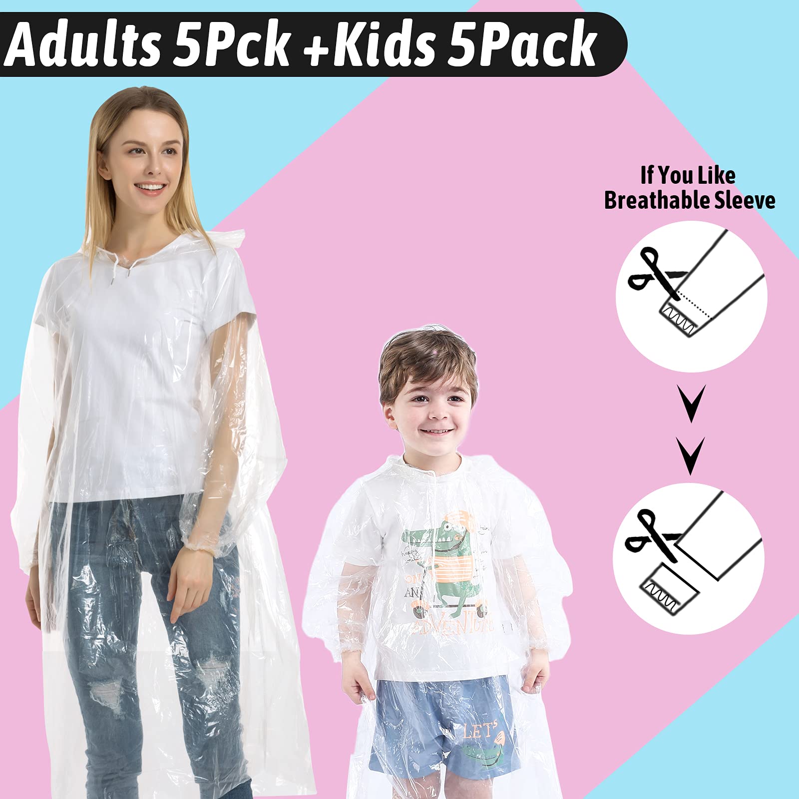 CeroPro Disposable Rain Ponchos Family Pack Emergency Waterproof Clear Ponchos with Hood Disposable Raincoat 10 Pack (5 Adult 5 Kids)