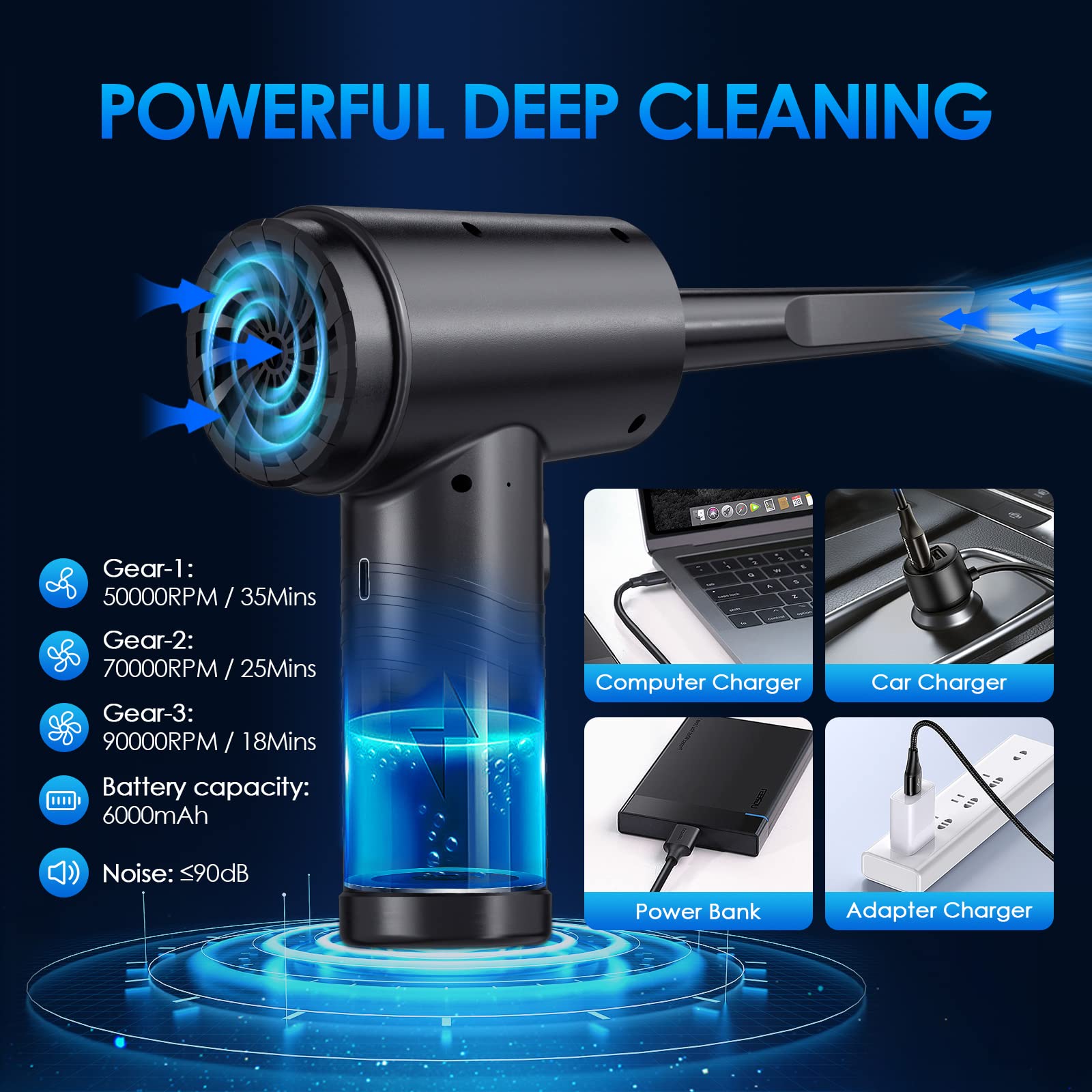 Compressed Air Duster,3-Gear/ 90000RPM Electric Air Blower, 2-in-1 Air Duster & Vacuum,Dust Blower with LED Light